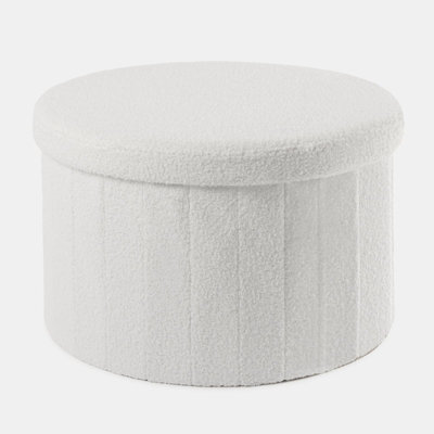 Ottoman Storage Box Folding Footstool Space Saving Boucle, XL Round - White