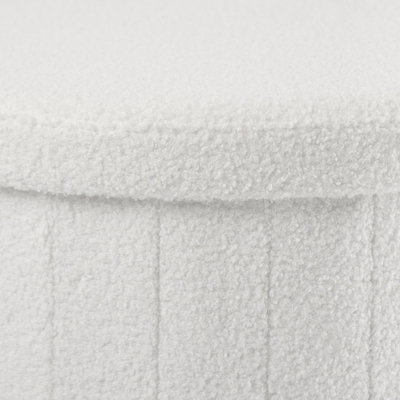 Ottoman Storage Box Folding Footstool Space Saving Boucle, XL Round - White