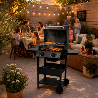 Outdoor 2 Burner Steel Gas BBQ Grill Side Shelves Rack Bottle Opener