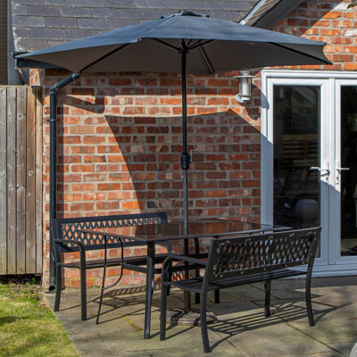 Outdoor 4 Person Rectangular Glass Top Garden Dining Table Benches With ...