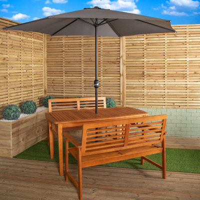 Outdoor 4 Person Rectangular Wooden Garden Table, 2 Benches with Grey ...