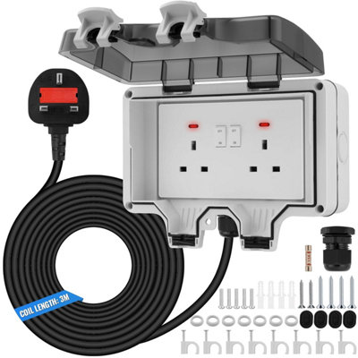 Outdoor Double Socket with 3 m Extension Lead - 13 a Ip 66 Waterproof 2 ...