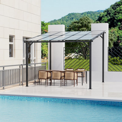 Outdoor Garden Canopy Wall-Mounted Metal Canopy with Tilted Roof, Grey
