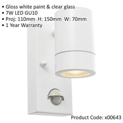 Outdoor IP44 Wall Downlight with PIR Sensor - 7W GU10 LED - Gloss White