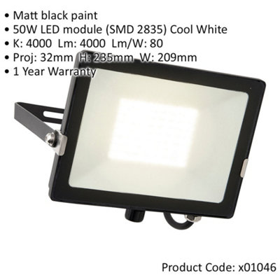 Outdoor IP65 Waterproof Floodlight - 50W Cool White LED - Matt Black ...