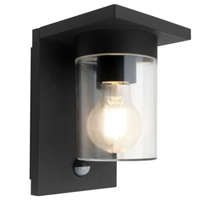 Outdoor PIR Wall Light Lantern Black Clear Lamp Shade ZLC384SEN with 4w ...