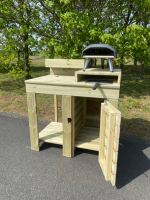 outdoor pizza oven table with built in cupboard storage, raised pizza ...