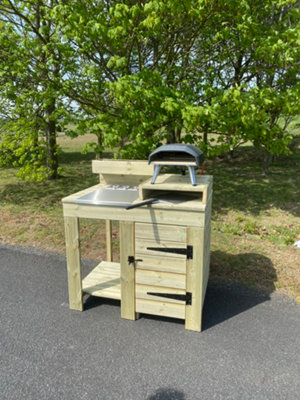 outdoor pizza oven table with built in cupboard storage, raised pizza ...