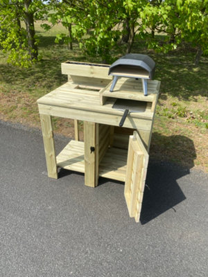 outdoor pizza oven table with built in cupboard storage, raised pizza ...
