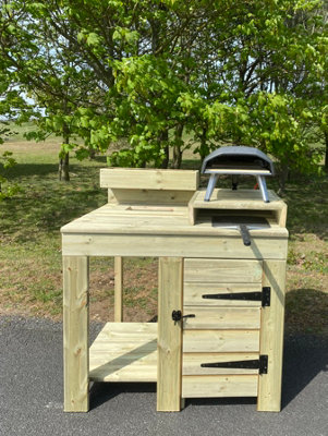 outdoor pizza oven table with built in cupboard storage, raised pizza ...