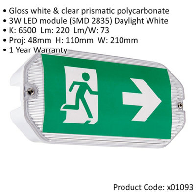 Outdoor Rated Emergency Exit Bulkhead Wall Light - 3W Daylight White ...