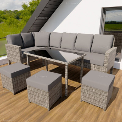 Outdoor Rattan Corner Dining Set with L-Shaped Sofa, Ottomans and Table ...