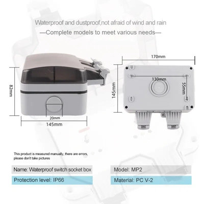 Outdoor RCD Socket, Wall Electrical Outlets 2 Gang Switched 13A IP66