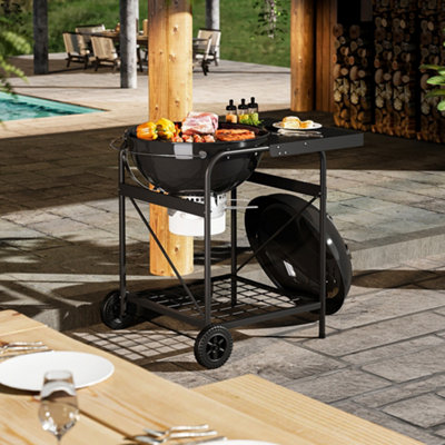 Outdoor Round Charcoal Grill with Side Table and Wheels Black | DIY at B&Q
