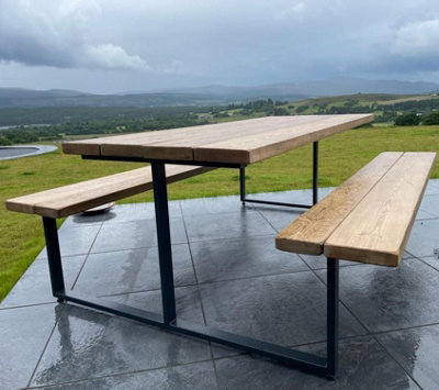 Outdoor Slatted Picnic Table with Fixed Benches - Dark Oak
