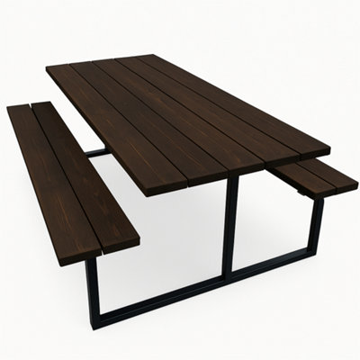 Outdoor Slatted Picnic Table with Fixed Benches - Dark Oak