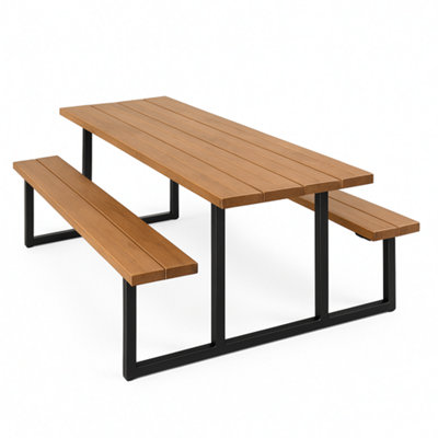 Outdoor Slatted Picnic Table with Fixed Benches - Mid Oak