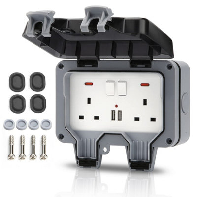 Outdoor Socket, Wall Electrical Outlets 2 Gang Switched with USB ...