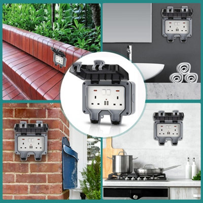 Outdoor Socket, Wall Electrical Outlets 2 Gang Switched with USB ...