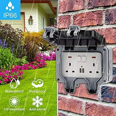 Outdoor Socket, Wall Electrical Outlets 2 Gang Switched with USB ...