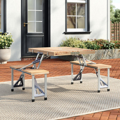 Outdoor Solid Wood Foldable Table Benches Set 4 Seats for Garden with ...
