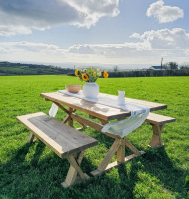 Outdoor Table With Timber Cross Legs and 2 Benches