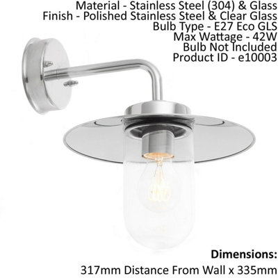 Outdoor Wall Light IP44 Polished Stainless Steel & Clear Glass 42W E27 GLS