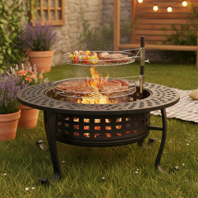 Outdoor Wood Burning Fire Pit with Double Grill Grates and Fire Poker ...