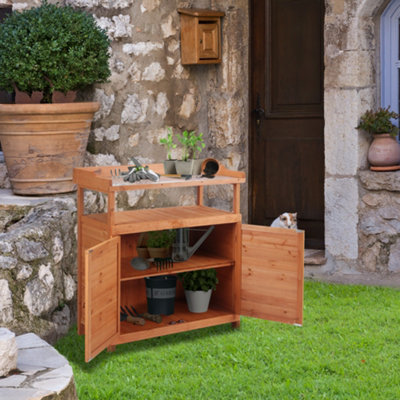 Outsunny 2 In 1 Potting Bench Table w Storage Cabinet and Galvanized Table Top