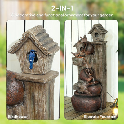 Outsunny 2-in-1 Waterfall Fountain with Birdhouse, Resin Outdoor Fountain