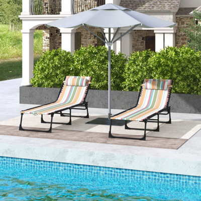 Outsunny 2 Pcs Folding Beach Chair Chaise Lounge 4 Adjustable Positions ...