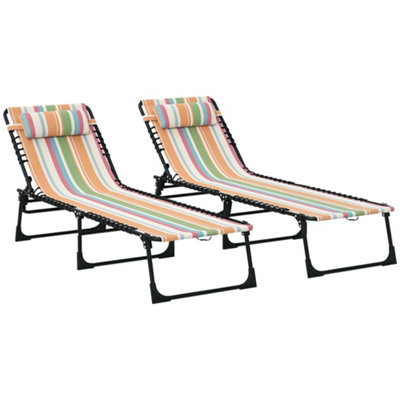Outsunny 2 Pcs Folding Beach Chair Chaise Lounge 4 Adjustable Positions ...