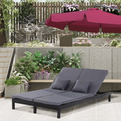 Outsunny 2 Person Rattan Lounger Adjustable Double Chaise Chair w ...