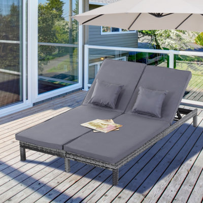 Outsunny 2 Person Rattan Lounger Adjustable Double Chaise Chair w Cushion Grey