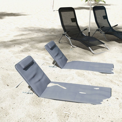 Outsunny 2 Pieces Outdoor Beach Mat Steel Reclining Chair Set w Pillow Grey
