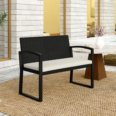 Outsunny 2 Seater Rattan Garden Bench with Cushion, Steel Frame, Black