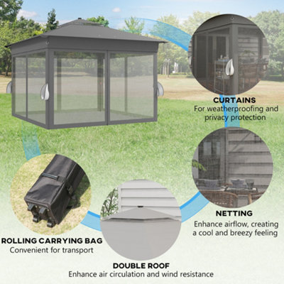 Outsunny 3.36x3.36m Pop Up Gazebo w/ Solar-Powered LED Lights Netting Grey