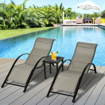 Outsunny 3 Pieces Lounge Chair Set Garden Sunbathing Chair w Table Grey