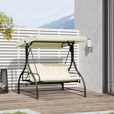Outsunny 3 Seater Canopy Swing Chair Porch Hammock Bed Rocking Bench Cream White