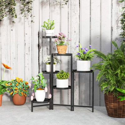 Outsunny 3 Tier Foldable Corner Plant Stand for Indoor Outdoor, Black