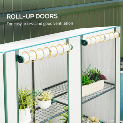 Outsunny 3 Tier Lean-to Mini Greenhouse with Green Hemmed Edging, White