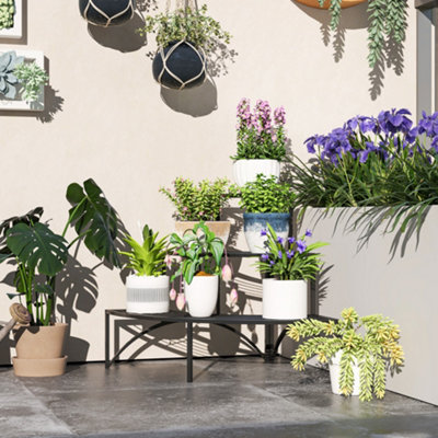 Outsunny 3 Tier Metal Corner Plant Stand for Garden Balcony Patio, Black
