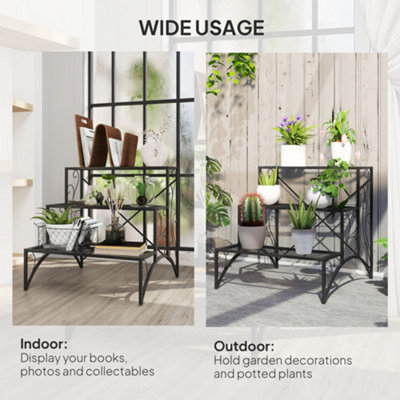 Outsunny 3-Tier Metal Plant Stand for Garden Balcony Indoor Outdoor, Black