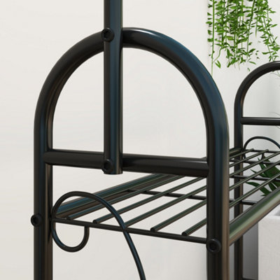 Outsunny 3 Tier Plant Stand w/ Hanging Hooks for Balcony Living Room, Black