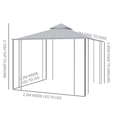 Outsunny 3 x 3(m) Garden Gazebo Double Top Gazebo Canopy w/ Mesh Grey