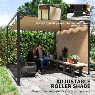 Outsunny 3 x 3(m) Pergola with Retractable Roof & Roller Shade, Khaki