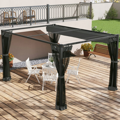 Outsunny 3 x 4m Pergola with Retractable Roof and Netting, Dark Grey ...