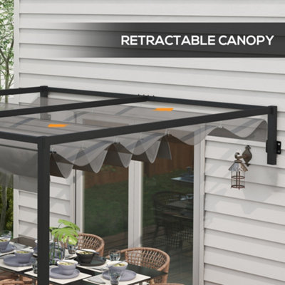 Outsunny 3 x 4m Wall Mounted Pergola with Retractable Roof, Dark Grey