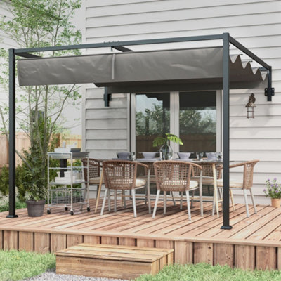 Outsunny 3 x 4m Wall Mounted Pergola with Retractable Roof, Dark Grey