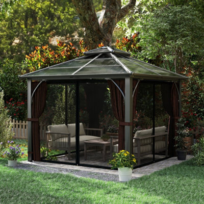 Outsunny 3x3(m) Hardtop Gazebo with Polycarbonate Roof & Sides, Brown